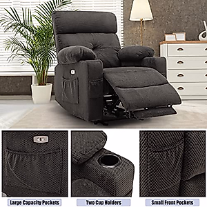Consofa Power Recliner Chair with USB Port and Cup Holders, Faux Leather Electric Reclining Chair with Extended Footrest, Power Recliner with Soft Cushion and Back for Living Room (Grey, Recliner)