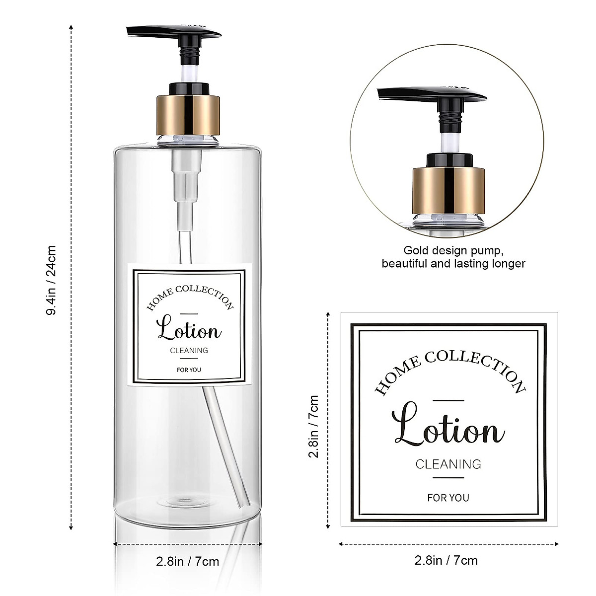 3 Pieces Pump Bottle Set, 25 oz Shampoo and Conditioner Dispenser, Plastic Refillable Soap Dispenser with 6 Label Sticker for Bathroom Lotion Body Wash(Black and Gold)
