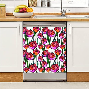 Dishwasher Magnet Cover Stained Glass Style Floral Modern Blooming Peonies Retro Textile Magnetic Refrigerator Stickers Decorative Appliance Cover Fridge Panels Metal Door Garage 23x26in
