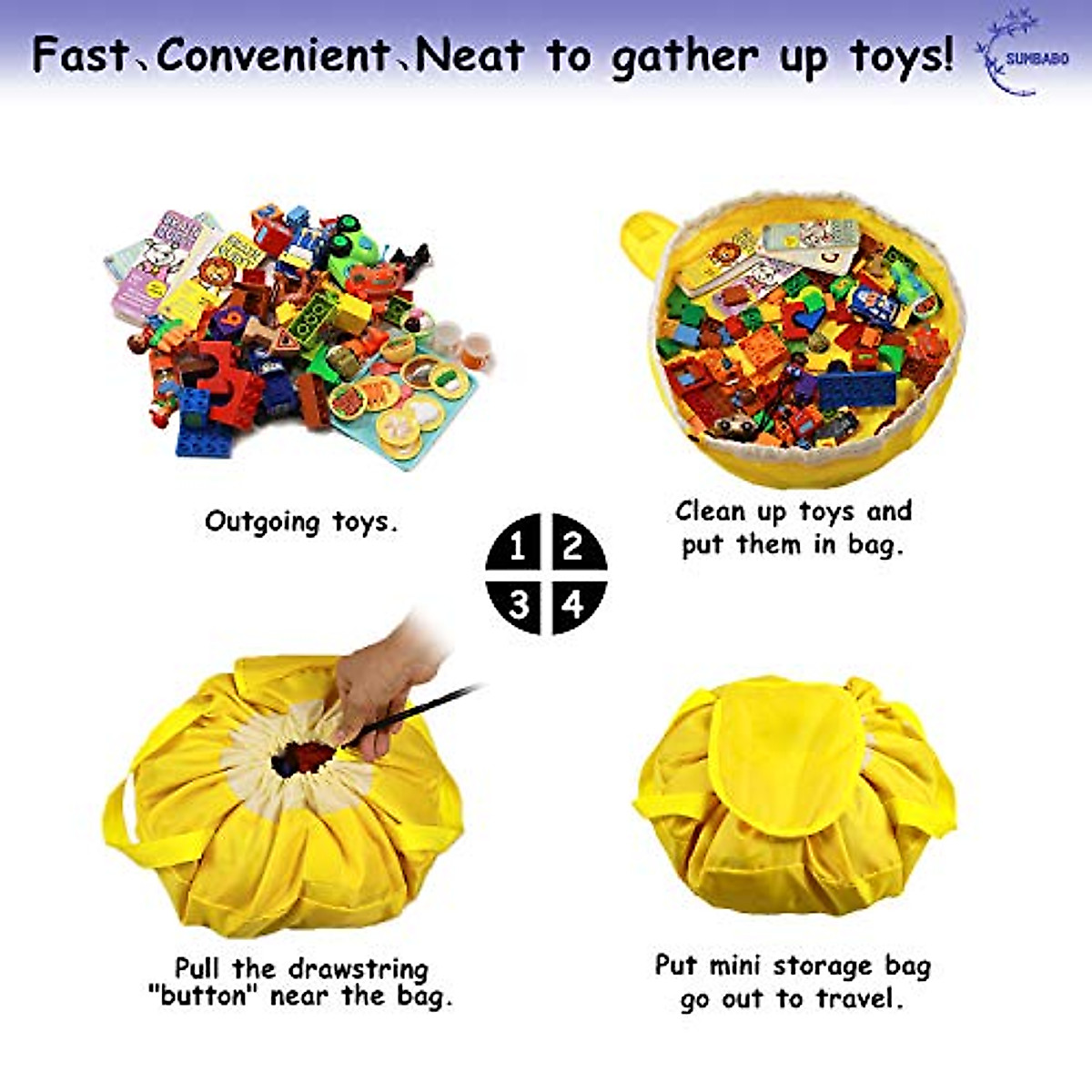 Toy Storage Mat Bag by Drawstring for Lego - Play Mat Bag Toy Storage Container for Kids with Cap can as Gift（2Pcs = Big Blue + Mini Yellow）
