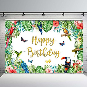 MEHOFOND 7x5ft Tropical Bird Birthday Backdrop Summer Toucan Palm Leaves Gold Glitter Happy Birthday Banner Photography Background Parrot Hummingbird Luau Decoration Photobooth Props