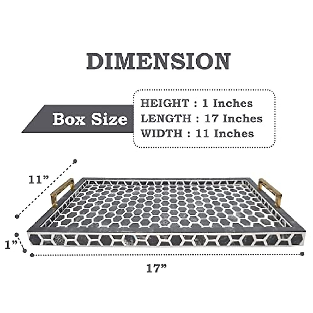 Moroccan Pattern Quatrefoil Bone Inlay Rectangular Serving Tray Brushed Brass Handles Dinner Coffee Decorative Gray