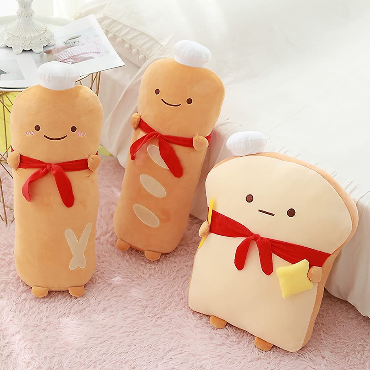 MDXMY 20.8'' French Baguette Plush Pillow Funny Food Bread Plushie Soft Hugging Pillow with Red Scarf (Baguette)