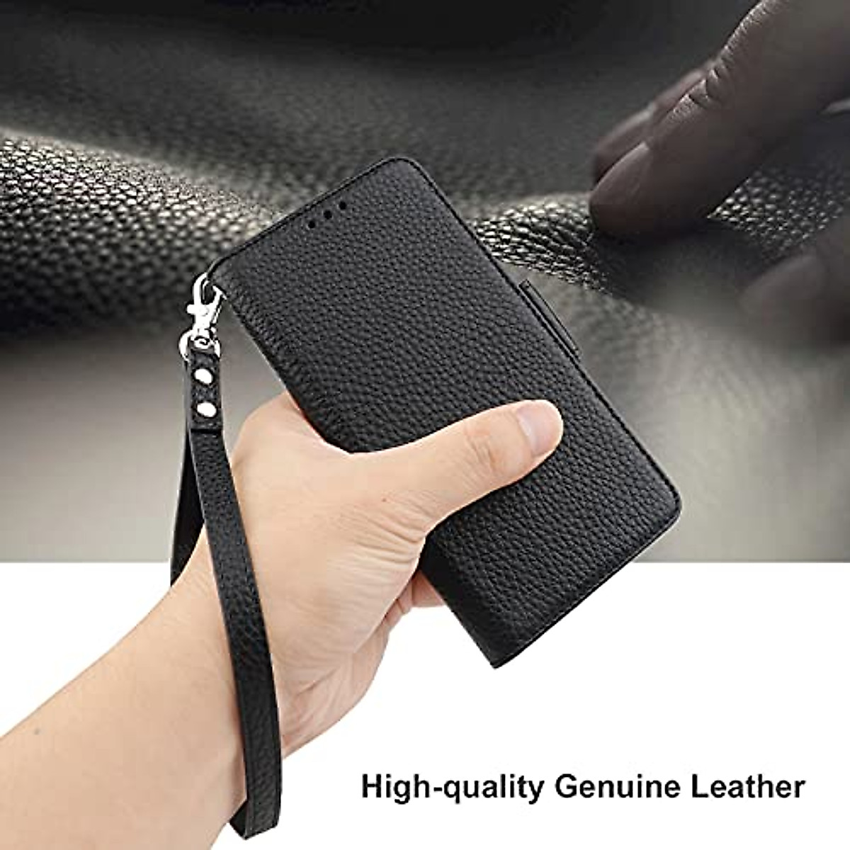 Bocasal Wallet Case for iPhone 14 Pro 5G, Genuine Leather Support Wireless Charging RFID Blocking Flip Case Card Slots Holder, Kickstand Book Folding Folio Cover with Wrist Strap 6.1 Inch(Black)