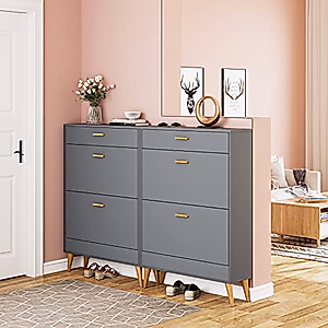 Tribesigns Shoe Cabinet, Modern Shoe Storage Cabinet with 2 Flip Doors and Drawer, Grey Narrow Shoe Organizer Rack for Entryway, Closet (Gray)