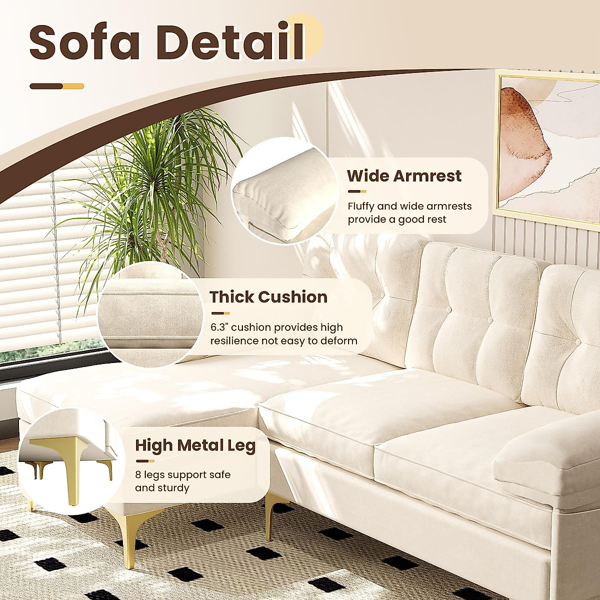 YOUDENOVA 82.7" L Shape Convertible Sectional Sofa, Comfy Chenille Sofa Couch for Living Room with Reversible Chaise, 3-Seat Modern Couch with Removable Cushion for Small Spaces (Beige)