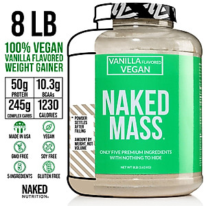 Naked Mass - Vanilla Vegan Weight Gainer - 8Lb Bulk, GMO Free, Gluten Free, Soy Free & Dairy Free. No Artificial Ingredients - 1,230 Calories - 11 Servings