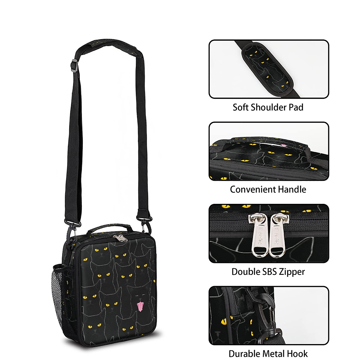 Cute Black Cat Kids Lunch Bag for Boy Girl Kitten Insulated Lunch Box Cooler Lunch Tote Bag Thermal Bag with Adjustable Shoulder Strap for School Work Picnic
