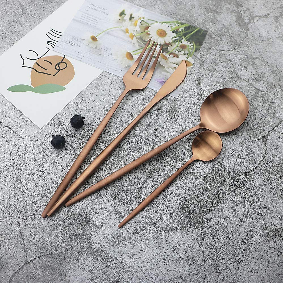 JASHII Rose Gold Silverware Set, 24 Pieces Stainless Steel Copper Flatware Set Cutlery Sets, Include Knife Fork Spoon Teaspoon, Service for 6 (Matte Rose Gold)