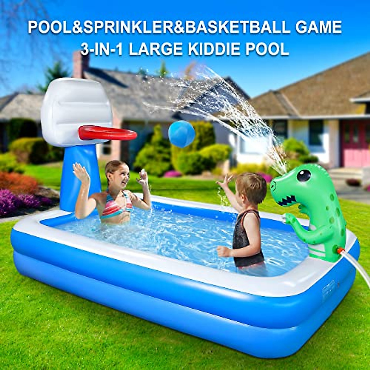 Inflatable Pool, Kiddie Pool with Basketball Hoop and Dinosaur Sprinkler, Swimming Pool for Kids Boys Girls Age 3+ Year Old, Kid Pool for Backyard Water Party