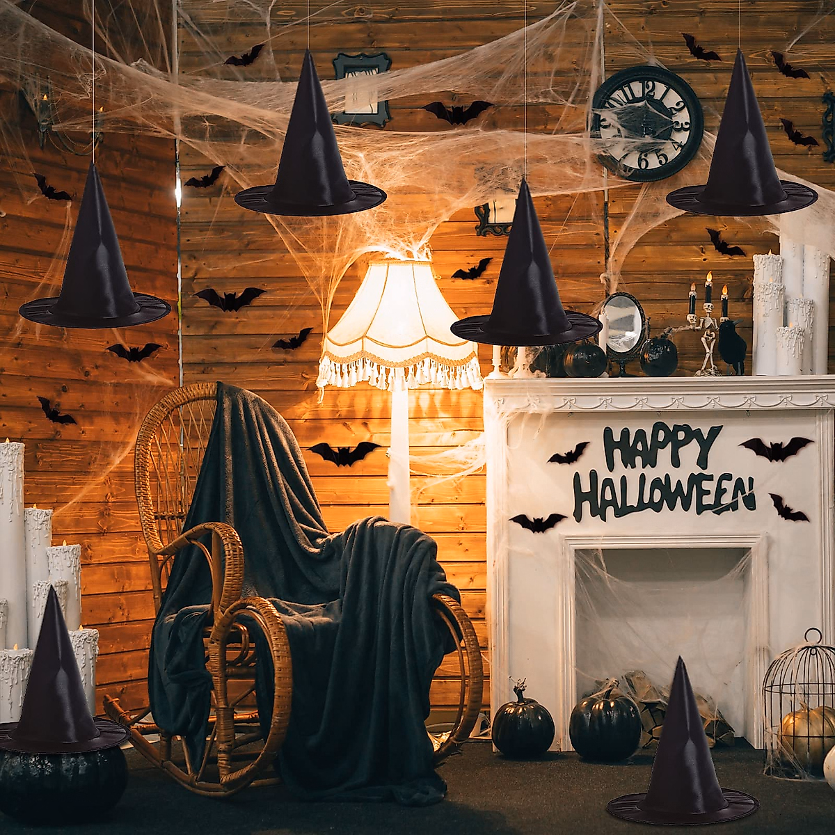 Halloween Witch Hats for Halloween Decoration, 8PCS Black Witch Hats, 32PCS 3D Bats, Black Witch Hats Hanging, Witch Cap Accessory for Halloween