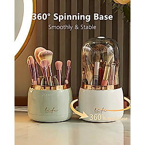 Lebenrich Rotating Makeup Brush Holder Organizer with Lid, Spinning Brush Holder Makeup Organizer with Clear Cover, Acrylic Cosmetics Make Up Brushes Storage Cup Container for Vanity (Light Green)