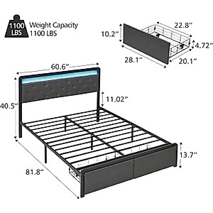GAOMON Upholstered Bed Frame Queen with 2 Storage Drawers, Button Tufted Headboard and LED Lights, Queen Bed Frame with Mattress Foundation Strong Wooden Slats Support, No Box Spring Needed