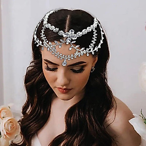 LOVFOIVER Bridal Headpieces for Wedding, Rhinestone Wedding Headband Forehead Hair Accessories for Brides