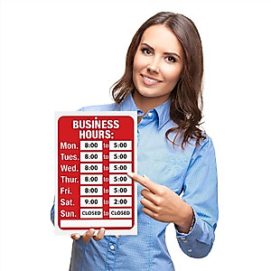 Open Signs, Business Hours Sign Kit - Bright Red and White Colors - 7.7 x 11.7 Inch - Includes 4 Double Sided Adhesive Pads and Black Number Sticker Set - Ideal Hours Of Operation Signs for Business, Store or Office