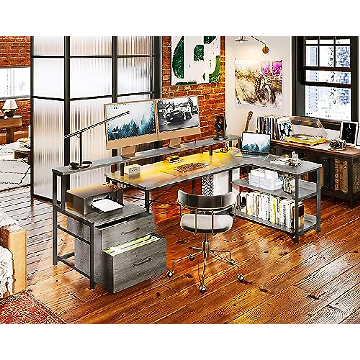 ODK L Shaped Desk with File Drawer, 75" Reversible L Shaped Computer Desk with Power Outlet & LED Strip, Home Office Desk with Storage Shelves, Gaming Desk with Monitor Shelf, Corner Desk, Grey Oak