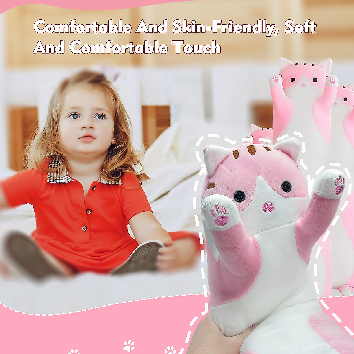 NXNYNZ Long Cat Plush Pillow, 19.6in Cute Pink Cat Plushie Stuffed Animals Body Pillow, Kawaii Kitten Soft Plushie Doll Toy Birthday Gift for Kids Girlfriend