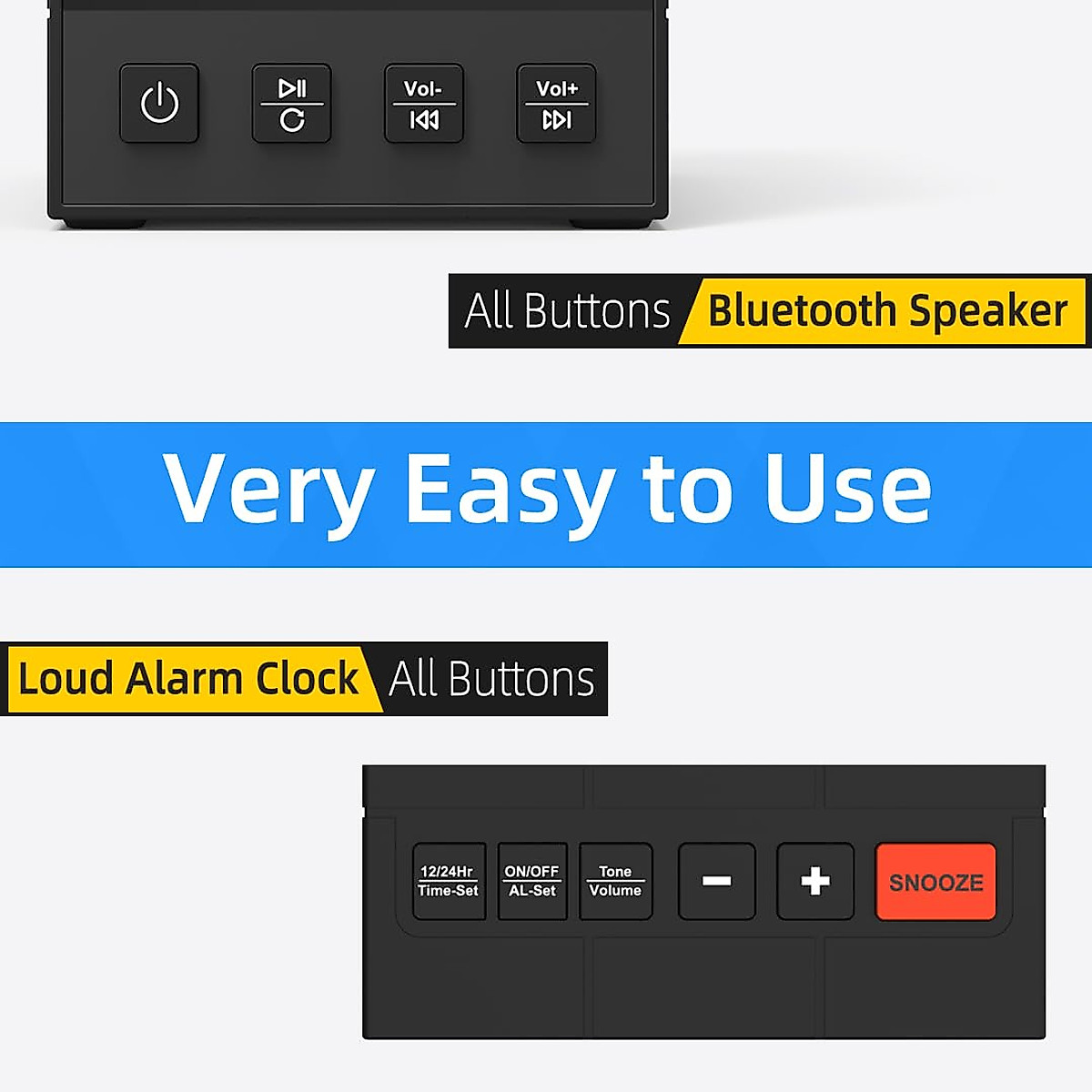 Loud Alarm Clock Bluetooth Speaker with Crystal-Clear Sound, Rich Bass, Dimmable LED Display, Small Bedside Digital Clock for Bedroom | Super Loud Alarm Clock for Heavy Sleepers, Adults, Teens - Black