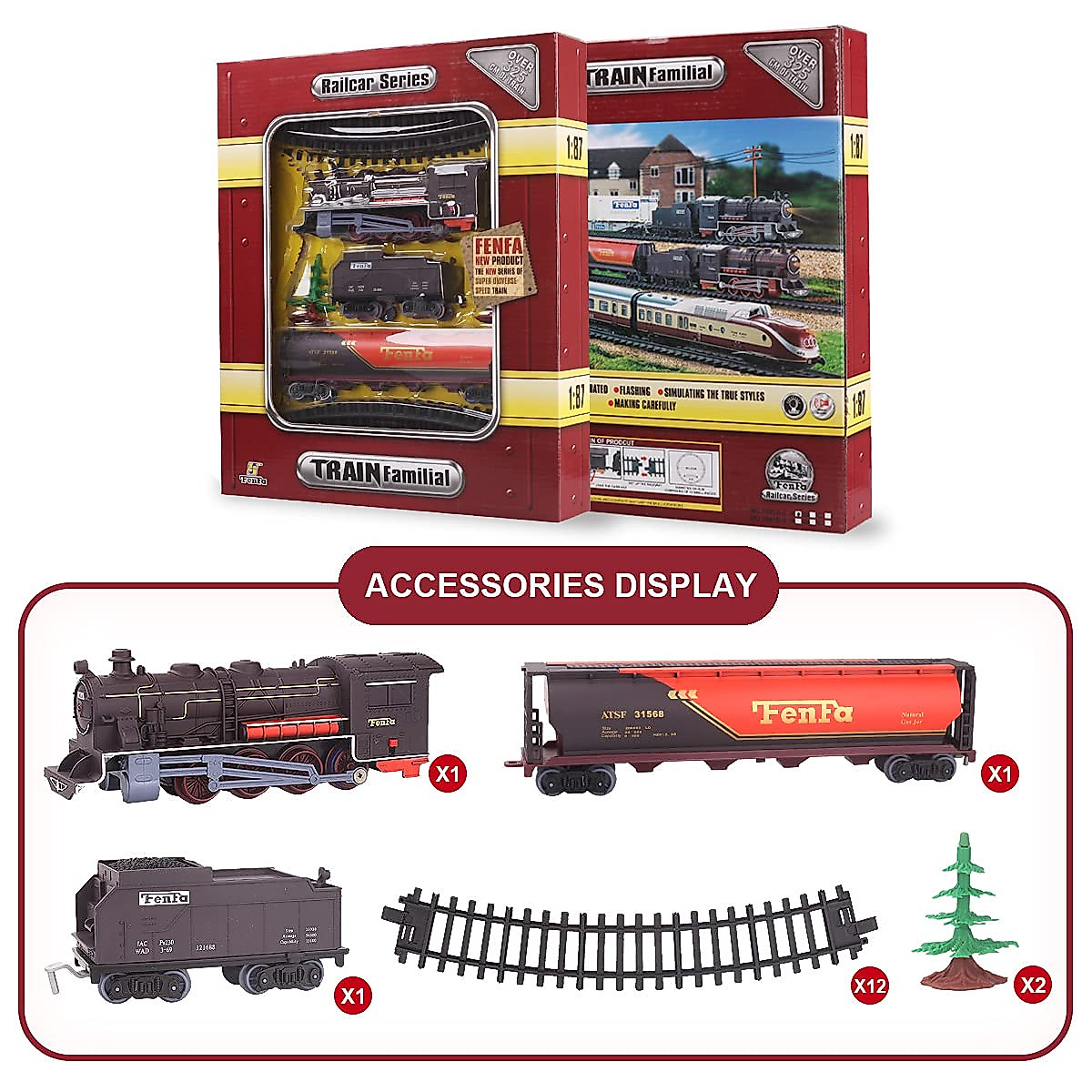LEYI Classic Train Set Toys 1:87 Round Tracks Railway for Under Christmas Tree Battery Operated Train with Sound and Light Christmas Birthday Gifts for Boys and Girls 3 Cars 2 Trees 12 Tracks