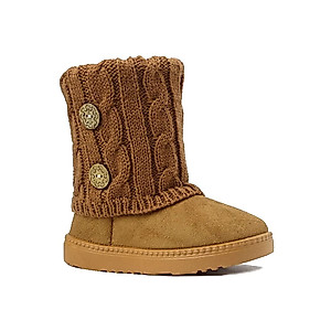 REDVOLUTION Kids Boots Toddler Girls Cute 2 Buttons Faux Fur Suede Knitting Shoe | 285 (Toddler 7, Camel)