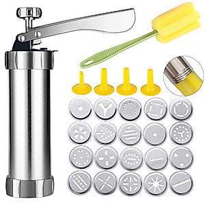 Spritz Cookie Press Gun Kit, Stainless Steel Biscuit Press Cookie Gun Set with 20 Cookie discs and 4 nozzles for DIY Biscuit Maker and Churro Maker