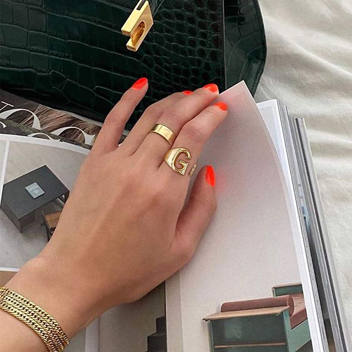 FOCALOOK Gold Initial Letter Open Ring Adjustable Women Statement Rings Party|Women Signet Ring|18K Gold Plated Bold Open Alphabet Rings|Letter A to Z (T)