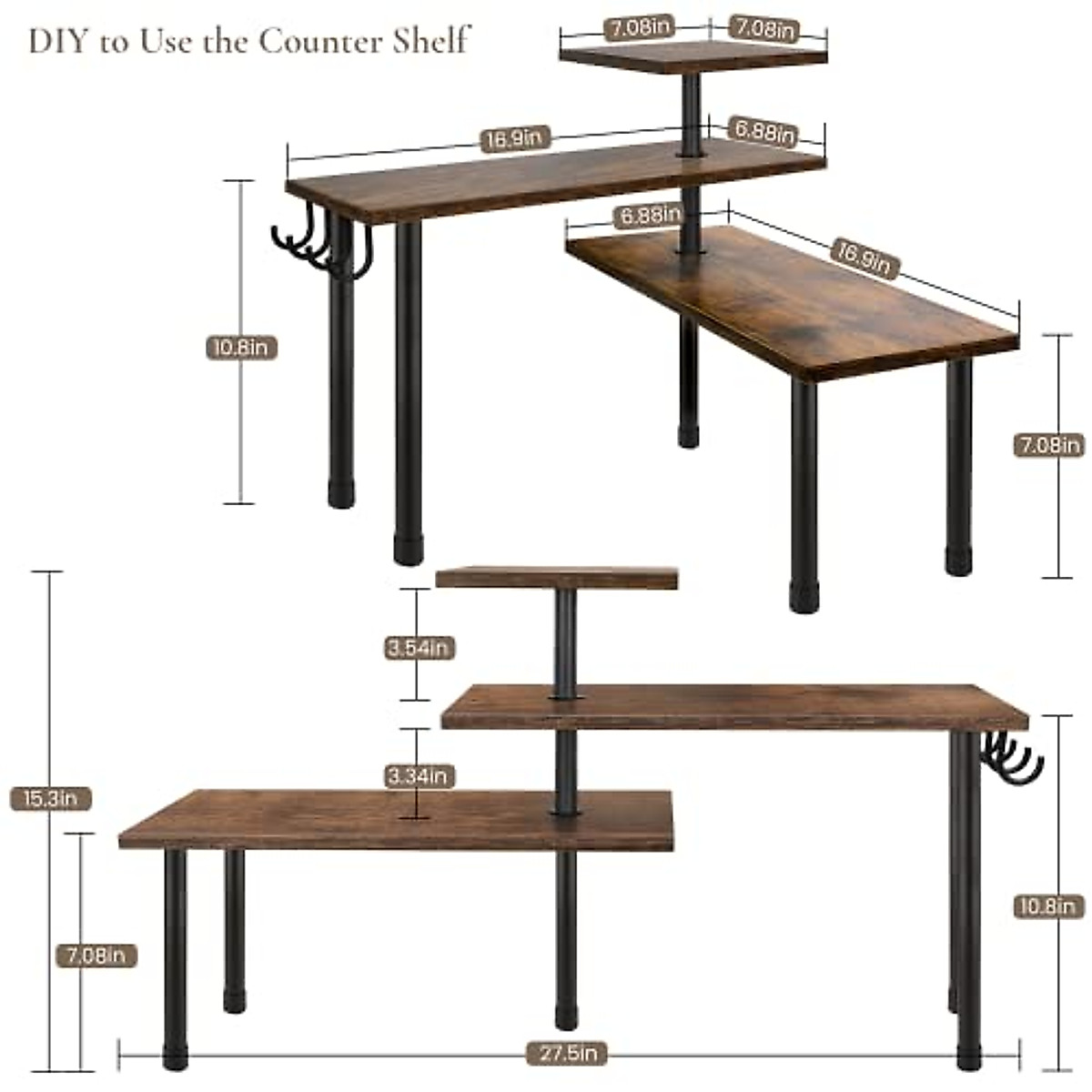 BCOZLUX Kitchen Countertop Organizer, 3 Tier Corner Counter Shelf with Metal Hooks, Bathroom Counter Organizers and Storage, Tiered Wood Spice Rack, Rustic Brown and Black