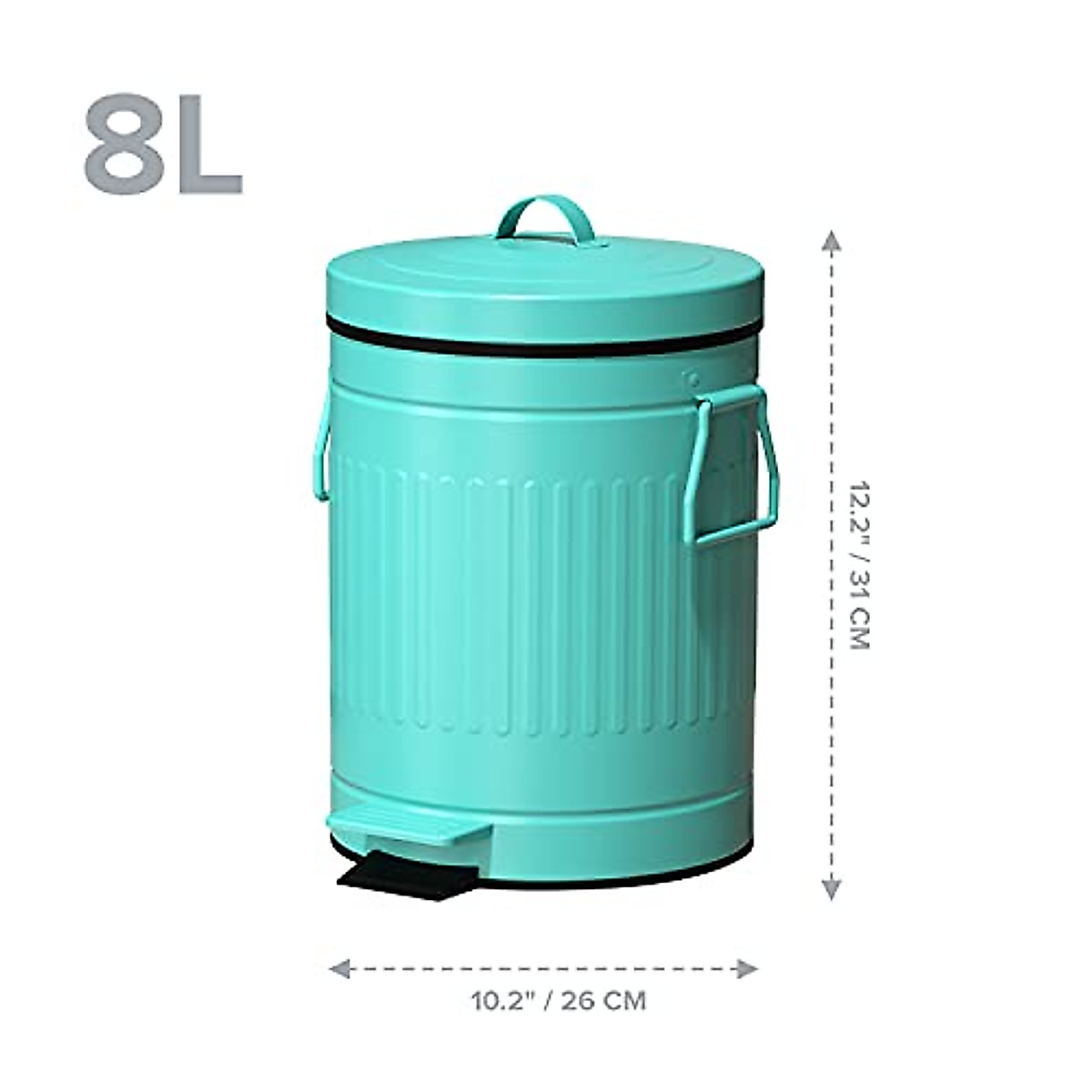 Trashaholic Retro 8L Round Metal Trash Can with Lid and Handles, Teal, 12-Inch