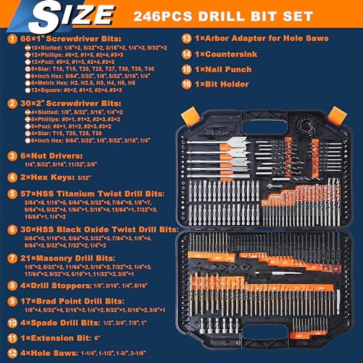 Carbide Drill Bit Set and Allen Wrench Hex Drill Bits Tool Kit Organizer for Cordless Drill Impact Drive Masonry Drill Bit Set (246PCS)