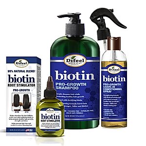 Difeel Biotin 3-PC Cleanse and Treat Hair Growth Collection - Includes 12oz Shampoo, 6oz Leave in Conditioner, 2.5oz Biotin Root Stimulator Treatment