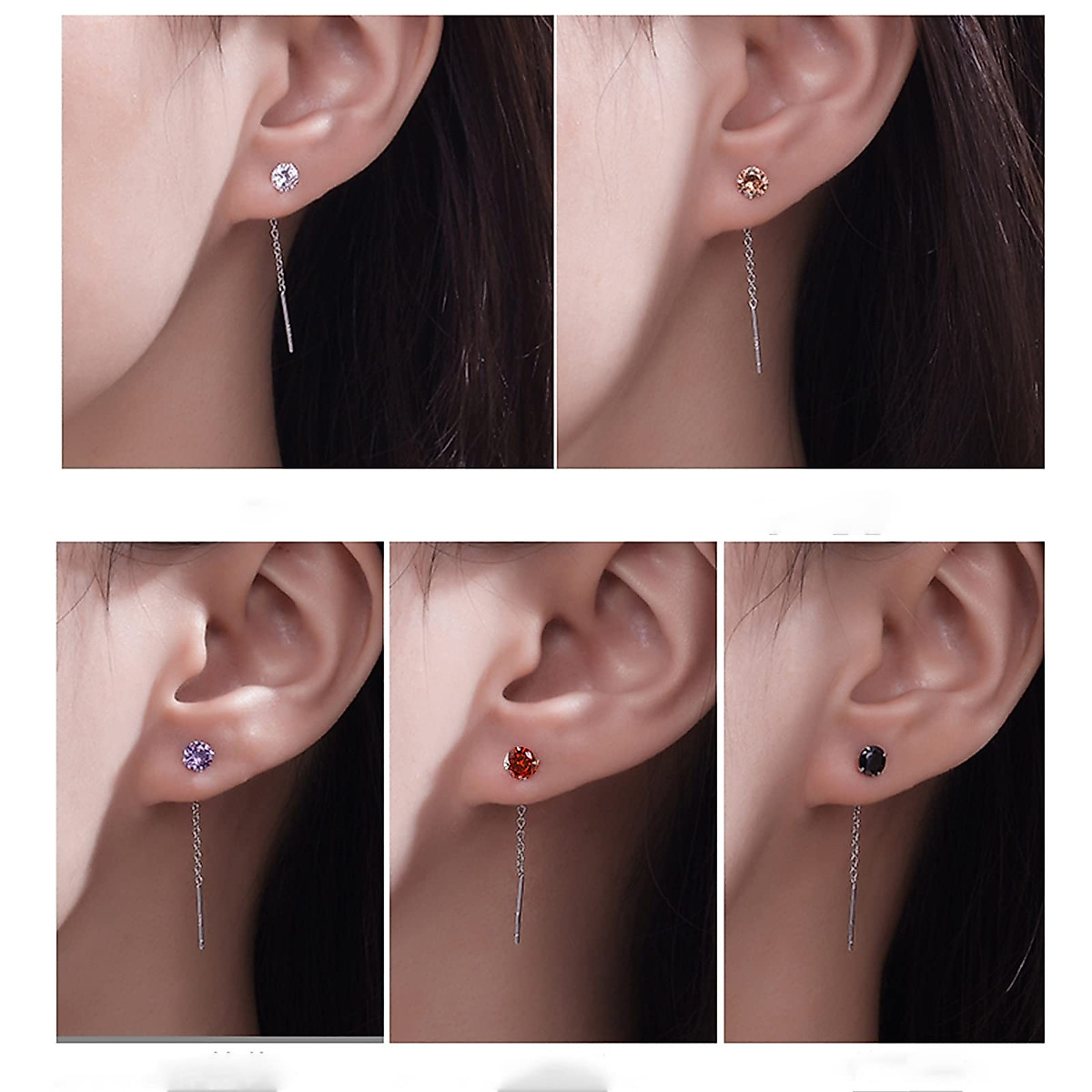 Threader Earrings 925 Silver CZ Drop Pull Through Chain Ear Line Cubic Zirconia Dangle Earrings For Women White