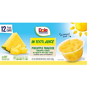 Dole Pineapple Paradise Pineapple Tidbits in a Blend of 100% Fruit Juices Snacks, 4oz 12 Total Cups, Gluten & Dairy Free, Bulk Lunch Snacks for Kids & Adults