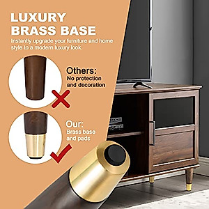 ALAMHI Wood Furniture Leg, Couch Legs 6 Inch Brown Round Tapered Mid-Century Modern Legs, with Brass Base Replacement Legs for Cabinets, Coffee Table, Ottoman, Sofa, Loveseat, Armchair Legs Set of 4