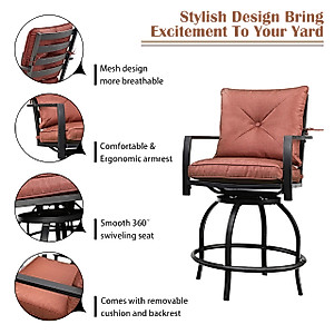 LOKATSE HOME 2 PCS Outdoor Patio Bar Height Swivel Chairs with Seat and Back Cushions, for Backyard, Garden, Bistro, Deck, Poolside, Red