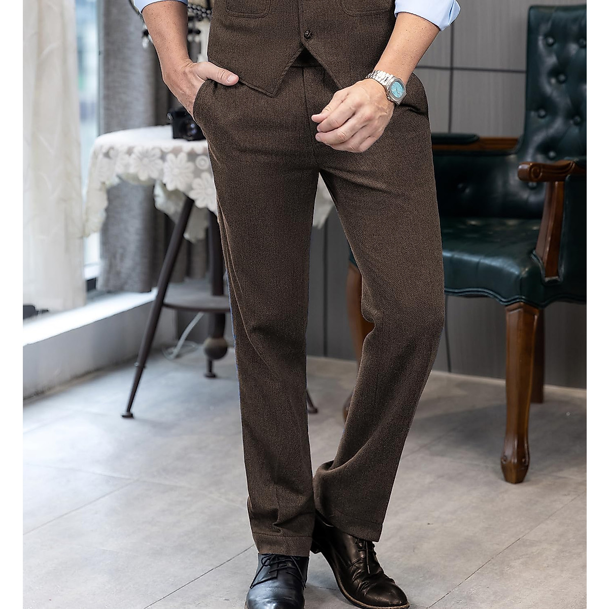 Ceehuteey Men's Retro Dress Suit Pants Thick Wool Flat Front Herringbone Tweed Trousers(Brown, 34W x 30L)