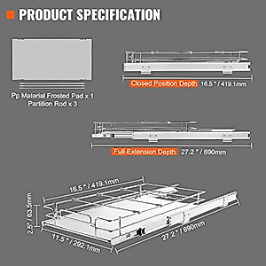 VEVOR 12"W x 17"D Pull Out Cabinet Organizer, Heavy Duty Slide Out Pantry Shelves, Chrome-Plated Steel Roll Out Drawers, Sliding Drawer Storage for Home, Inside Kitchen Cabinet, Bathroom, Under Sink