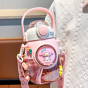 28 oz Kawaii Water Bottle for Girls, Cute Water Bottles with Straw and Shoulder Strap, Large Capacity Portable Summer Leak Proof Water Bottle for Kids,820ML (Blue)