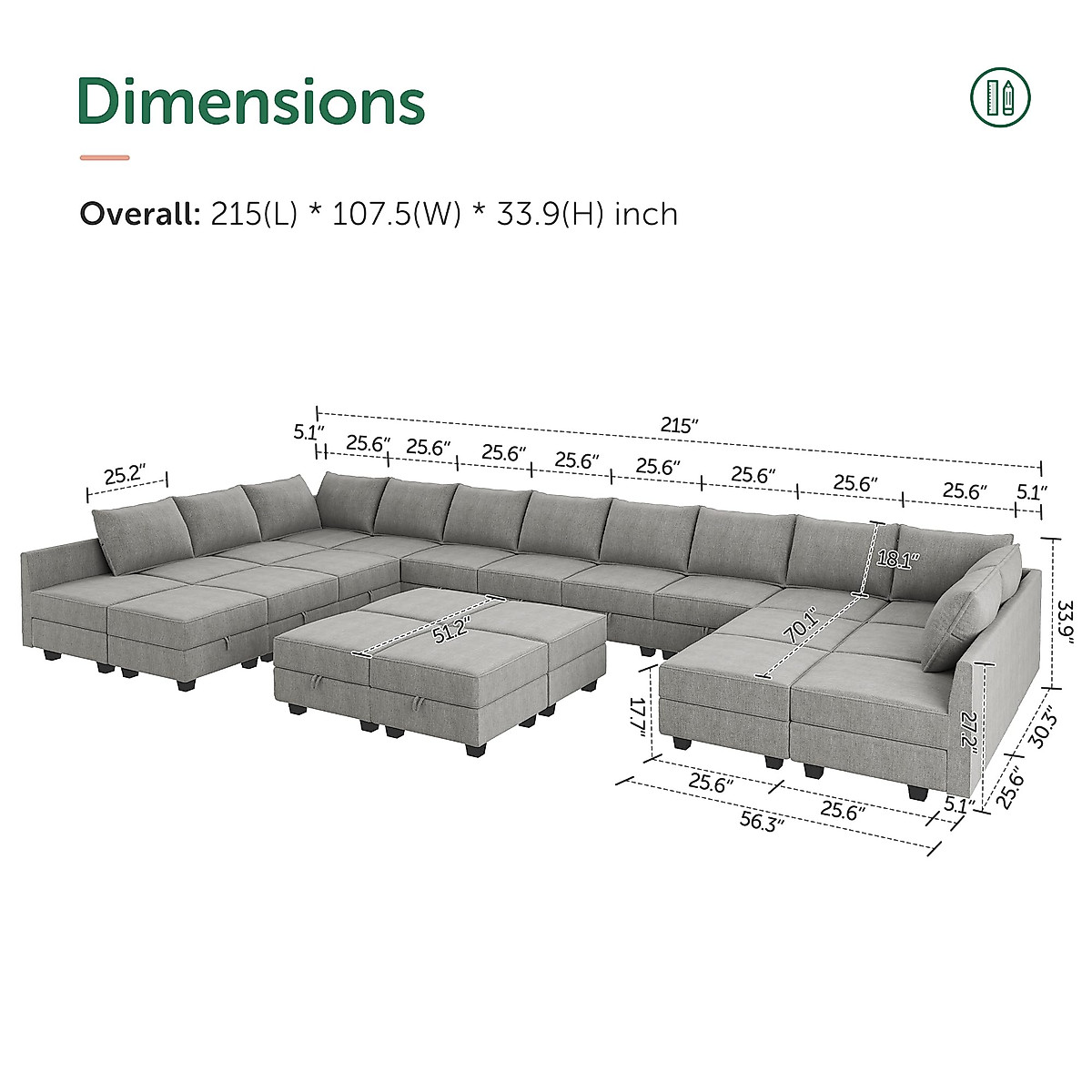 HONBAY Oversized Modular Sofa Couch with Ottoman U Shape Sectional Couch with Chaise Large Sleeper Modular Sectional Sofa with Storage Seats, Grey