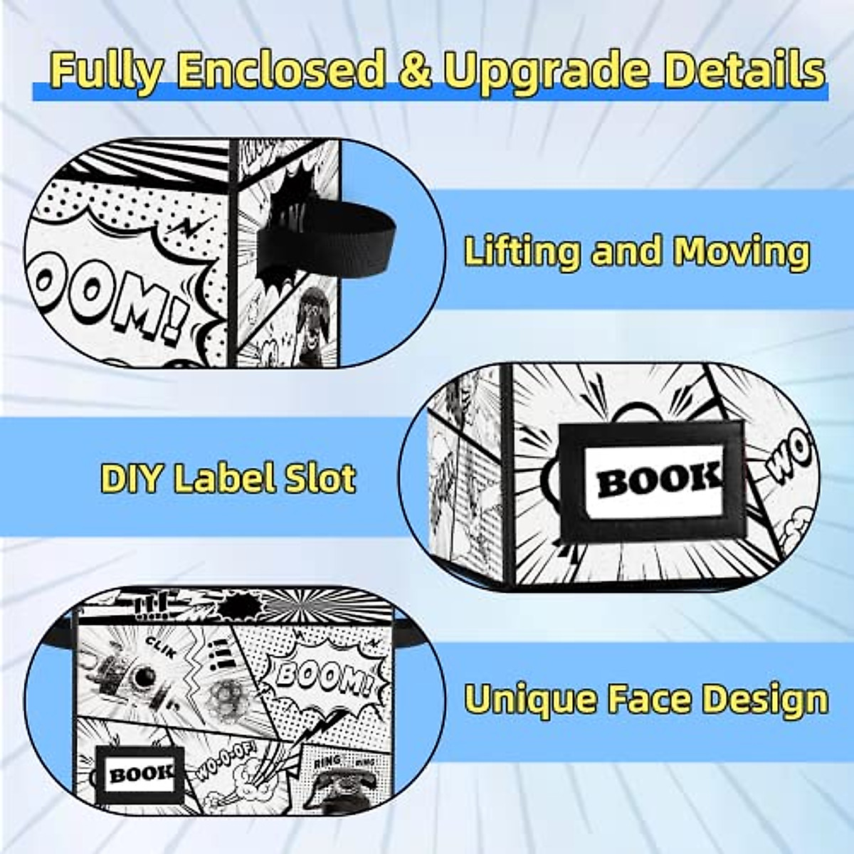 YNSZAS Comic Book Storage, Comic Book Box, 15.8" X 7.8" X 11.8", Collapsible Comic Short Box, Holds 160-180 Comic Book, Heavy Duty Comic Book Bin Container Holder Shelf (Cartoon Rocket)