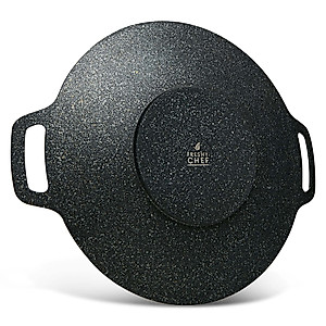 FRESHY CHEF Korean Grill Pan - 15 Inch Non-Stick Aluminum Korean BBQ Grill Pan with 2 Wooden Holders, Rack, and Storage Bag - Lightweight Aluminum Griddle Pan for Stove Top, Induction, Camp Fire