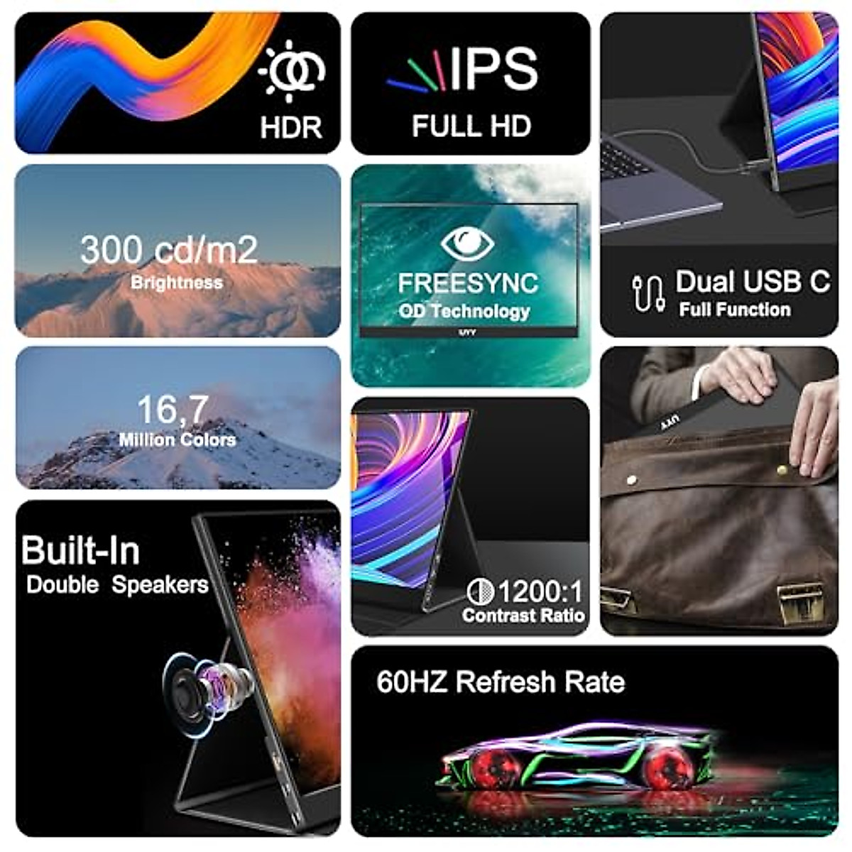 Newest Portable Monitor 16.1" 1920 FHD 2024 HDR 178° PC Screen,Second External Gaming Monitor FreeSync IPS USB-C HDMI Dual Speakers Smart Cover for | Laptop | PC | Phone | Mac | PS4/5 Switch