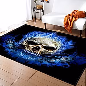 Wusan Boys Doormat Bedroom Living Room Area Rug Blue Fire and Skull Carpet Thrilling