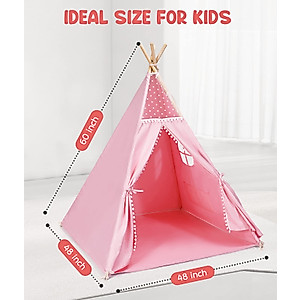 Gamenote Teepee Tent for Kids, Cotton Canvas Toddler Tents with Mat, Inner Pocket, Unique Reinforcement Part, Foldable Kids Play Teepee, Gifts Indoor Outdoor Playhouse for Baby Girls Boys
