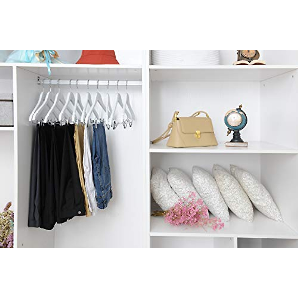 Quality Wooden Skirt Hangers with Clips, 10-Pack Smooth Solid Wood Pants Hangers with Durable Adjustable Metal Clips, Swivel Hook, Coat, Jacket, Blouse Suit Hangers (White, 10)