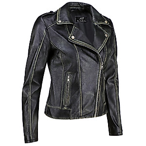 Jild Biker Style Vintage Leather Jacket Women - Casual Fashion Motorcycle Zip-Up Lightweight Coat Collar Women Leather Jacket (Distressed-M)