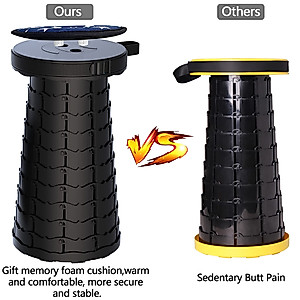 Upgraded Telescoping Stool Collapsible Stool with Seat Cushion & Bag, Retractable Folding Camping Stool for Adults Max Load 500lb More Sturdy Lightweight for Fishing Hiking Gardening (Black-s)