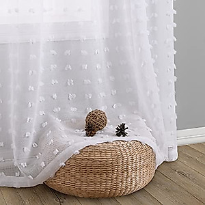 Guken Grommet Pom Pom Sheer Curtains 84 Inch Length 2 Panels Set for Living Dining Room White Textured Curtain for Bedroom Floor Length Semi Sheer Voile Boho Farmhouse Curtain Panels 52x84 Inches Long