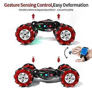 Deejoy Red RC Stunt Car, 2.4GHz 4WD Remote Control Gesture Sensor Toy, Double Sided Rotating Off Road Vehicle 360° Flips with Lights Music, Cars for Boys & Girls Birthday
