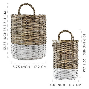 AuldHome Wall Hanging Baskets (Set of 2, Gray w/White); Woven WIcker Rustic Farmhouse Two-Tone Door Baskets, Small and Medium Size