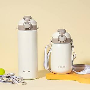 Qengyeen Insulated Water Bottles Stainless Steel Metal Kids Thermos Water Bottle with Straw and Strap for Girls Boys for School Gifts,24ounce, white